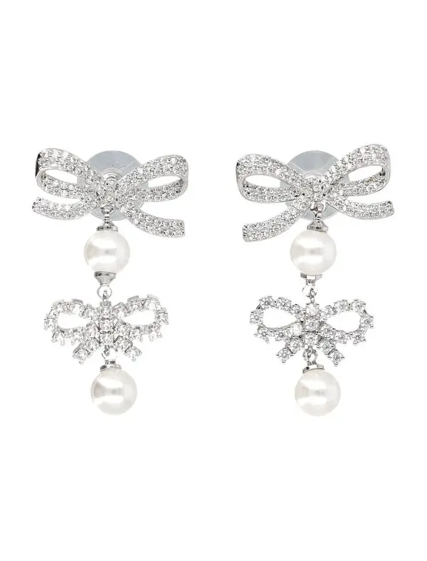 SELF-PORTRAIT Double Bow Pearl Drop Earrings - Silver