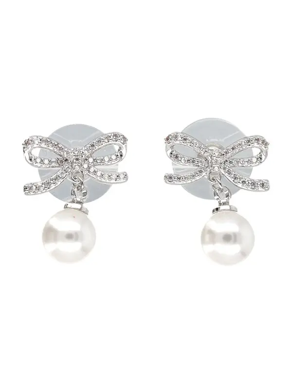SELF-PORTRAIT Bow Pearl Stud Earrings - Silver