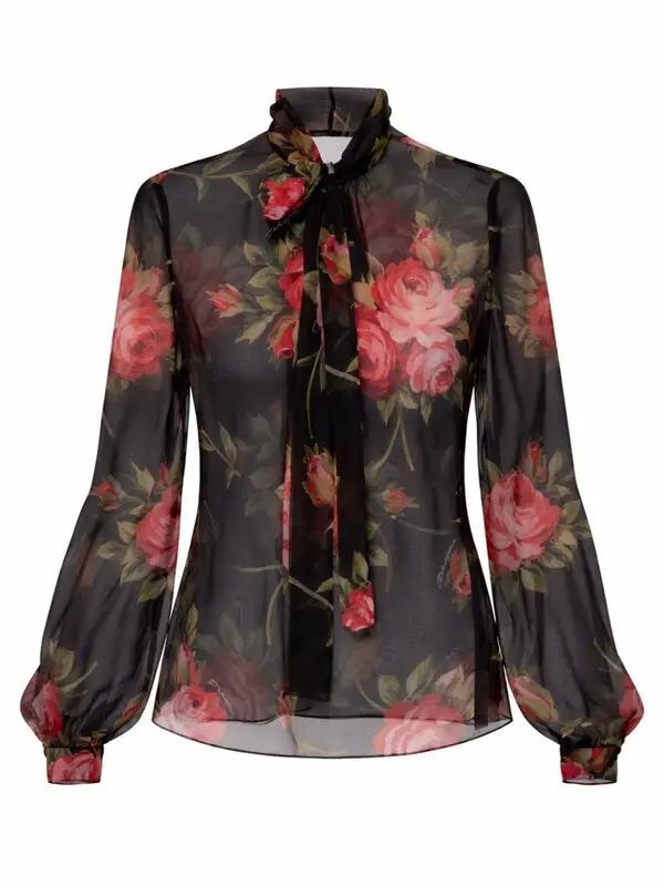 Dolce & Gabbana Rose Bouquet Print Silk Top - Black