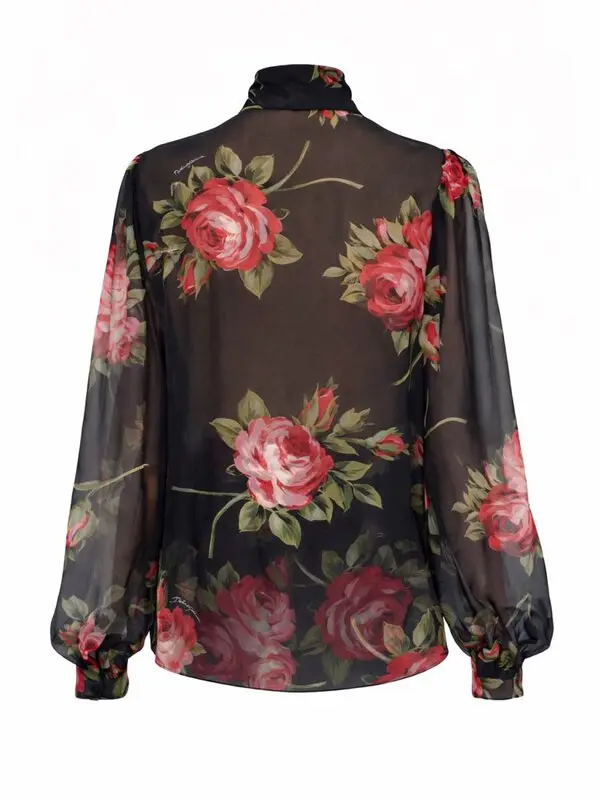 Dolce & Gabbana Rose Bouquet Print Silk Top - Black