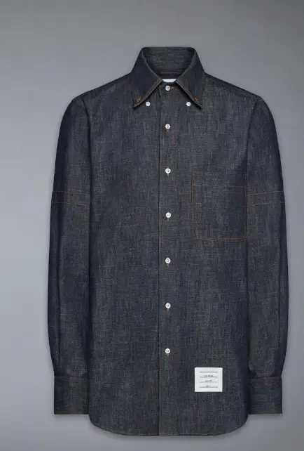 Thom Browne L/s Bd Straight Fit Shirt W/ Rwb Inner Cuff Detail And Self Armband In Shirting Denim - Navy