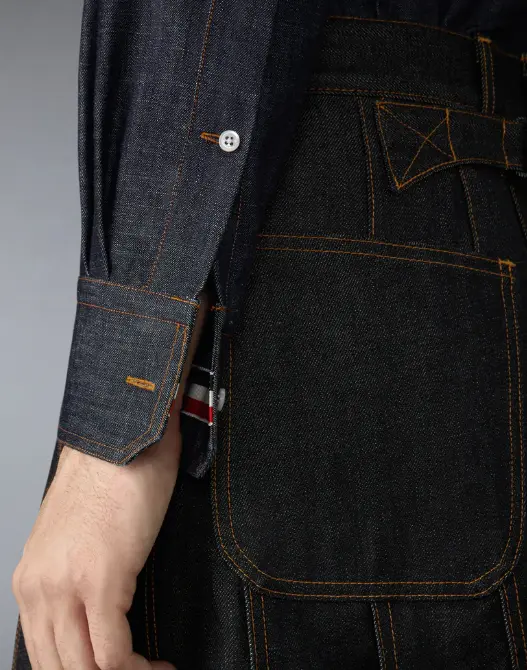 Thom Browne L/s Bd Straight Fit Shirt W/ Rwb Inner Cuff Detail And Self Armband In Shirting Denim