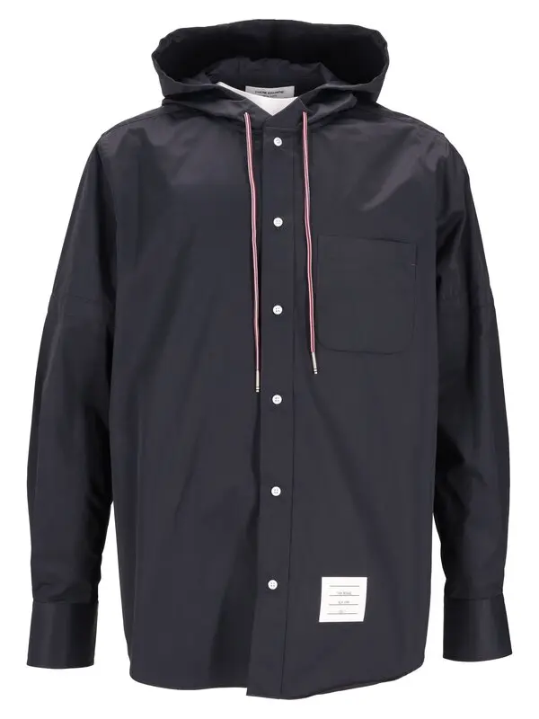 Thom Browne Hooded Straight Fit Long Sleeve Shirt With Rwb Cuff Detail - Navy