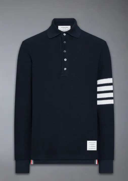 Thom Browne Long Sleeve Polo In Textured Pique W/ Eng Bar - Navy