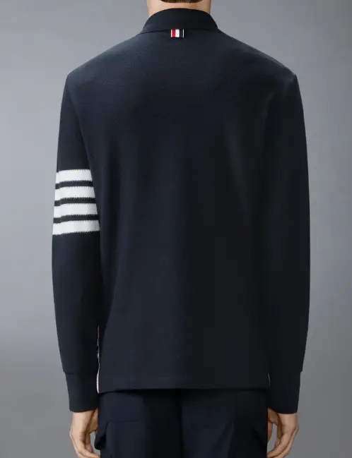 Thom Browne Long Sleeve Polo In Textured Pique W/ Eng Bar - Navy