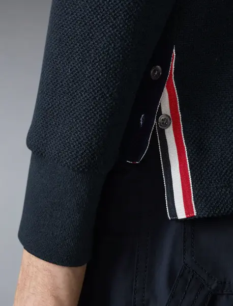 Thom Browne Long Sleeve Polo In Textured Pique W/ Eng Bar - Navy