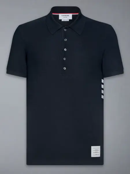 Thom Browne Short Sleeve Rib Cuff Polo W/ Engineered Bar Stripe In Classic Pique - Navy