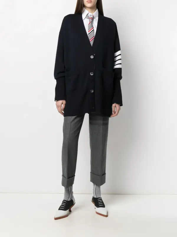 Thom Browne Exaggerated Fit V-neck Cardigan With 4-bar Stripe - Navy