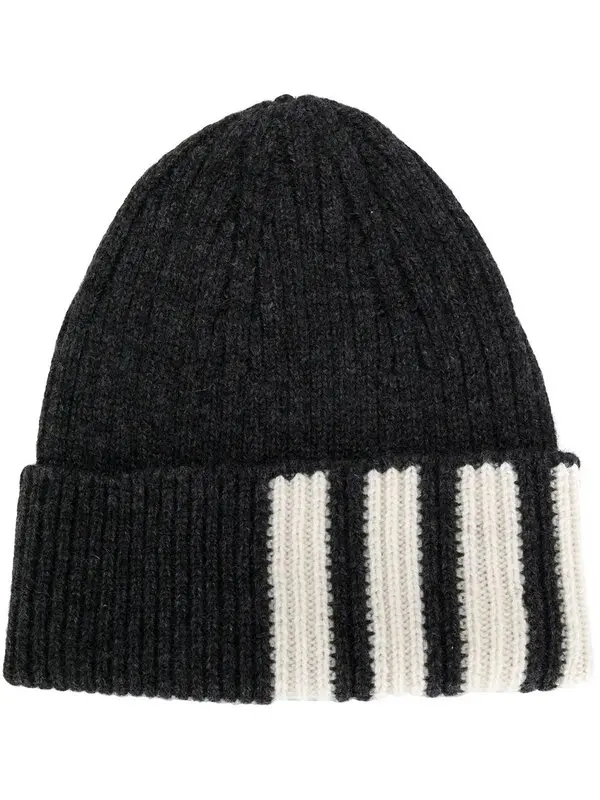 Thom Browne Ribbed Cashmere Hat With Stripe Detail - Dark Grey