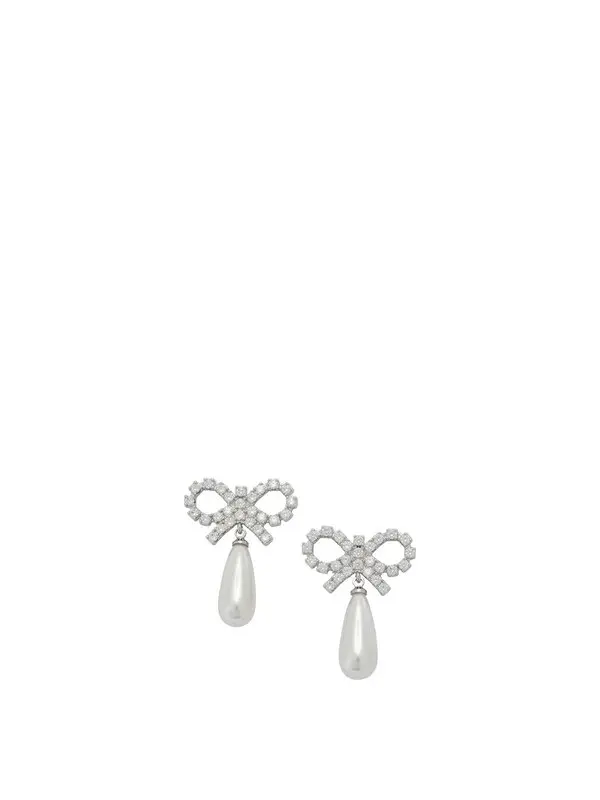 SELF-PORTRAIT Pearl Earrings With Crystal Bow - White