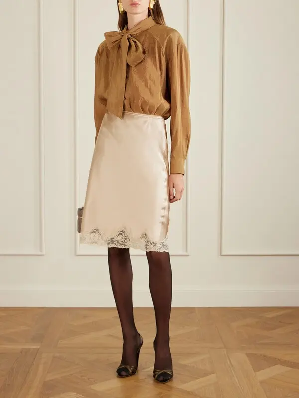 Saint Laurent Lace-trimmed Silk-satin Skirt
