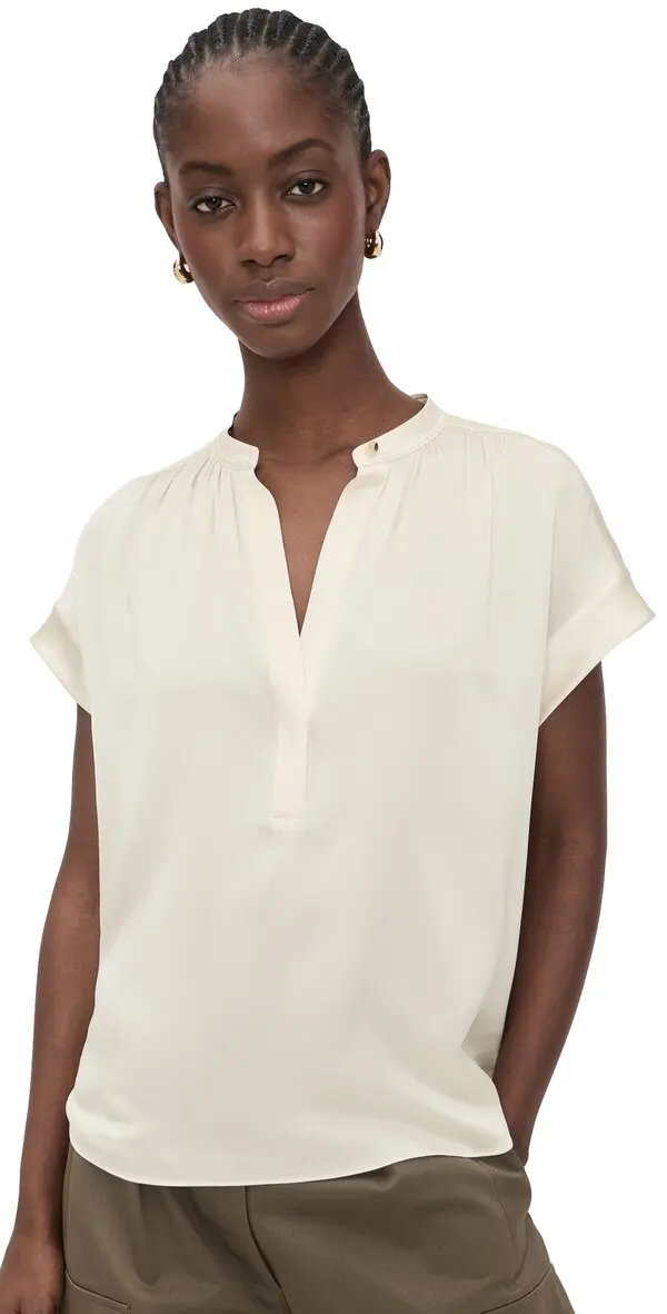 Vince Gathered Neck Cap Sleeve Silk Blouse - Crème