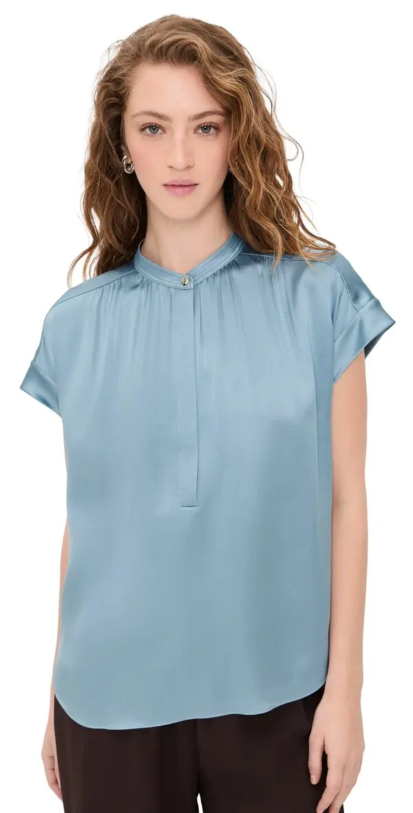 Vince Gathered Neck Cap Sleeve Silk Blouse - Del Mar