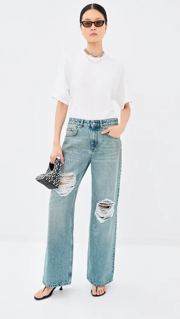 AREA Crystal Fray Relaxed Jeans - Medium Blue