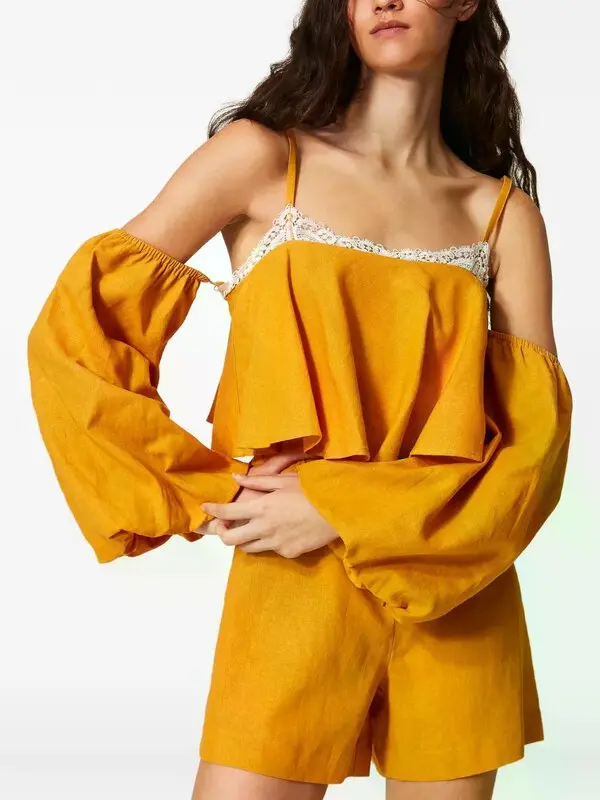 TWINSET Linen Blend Short Jumpsuit With Lace Detailing - Yellow