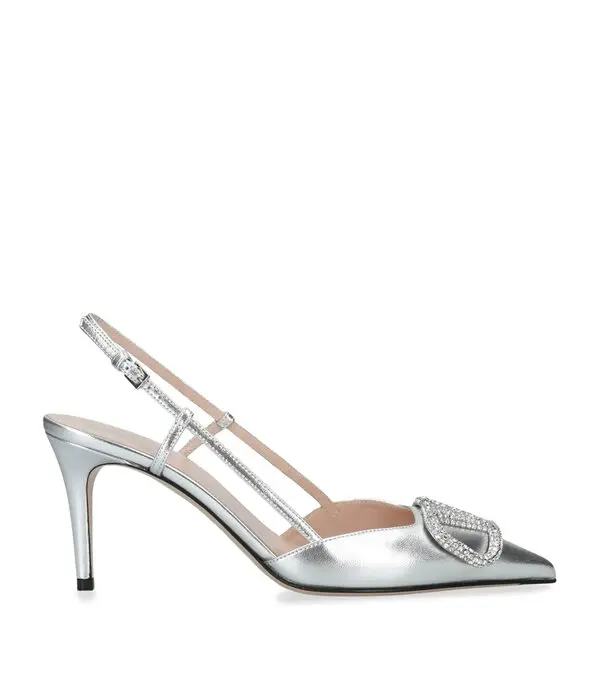 Valentino Garavani Leather Vlogo Slingback Pumps - Silver