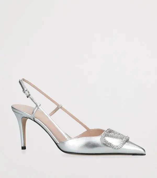 Valentino Garavani Leather Vlogo Slingback Pumps - Silver