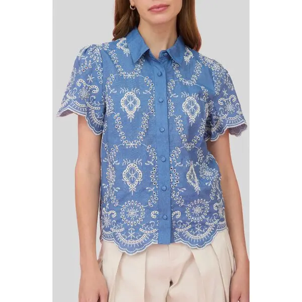 ZOE AND CLAIRE Embroidered Eyelet Cotton Button-up Top - Blue