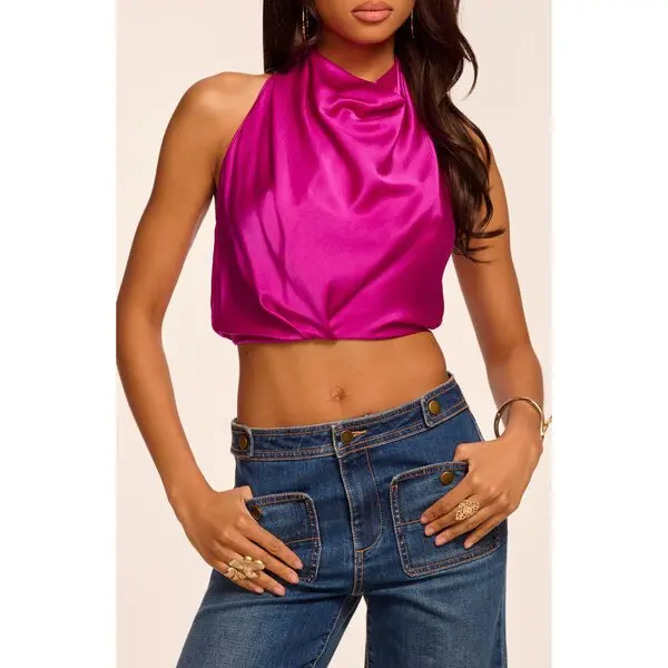 Ramy Brook Libbie Crop Stretch Silk Halter Top - Fiesta Pink