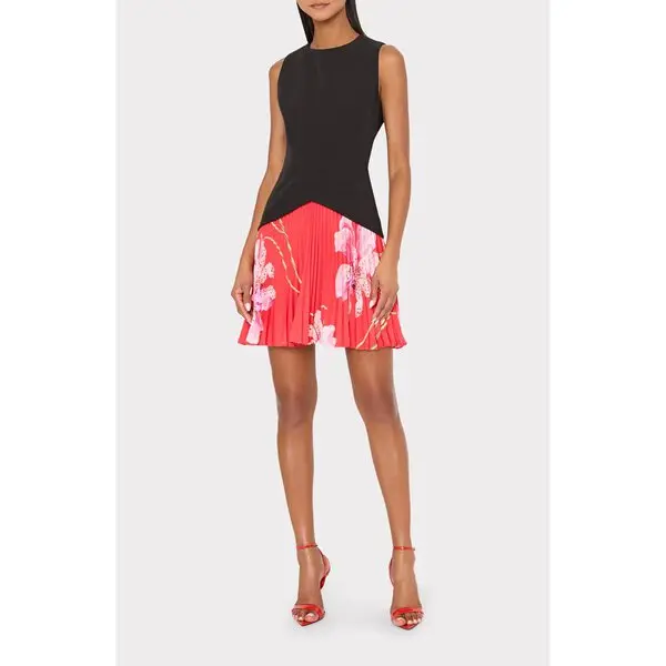 MILLY Floral Pleated Mini Dress - Black/red Multi