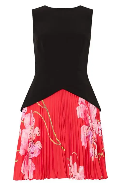 MILLY Floral Pleated Mini Dress - Black/red Multi