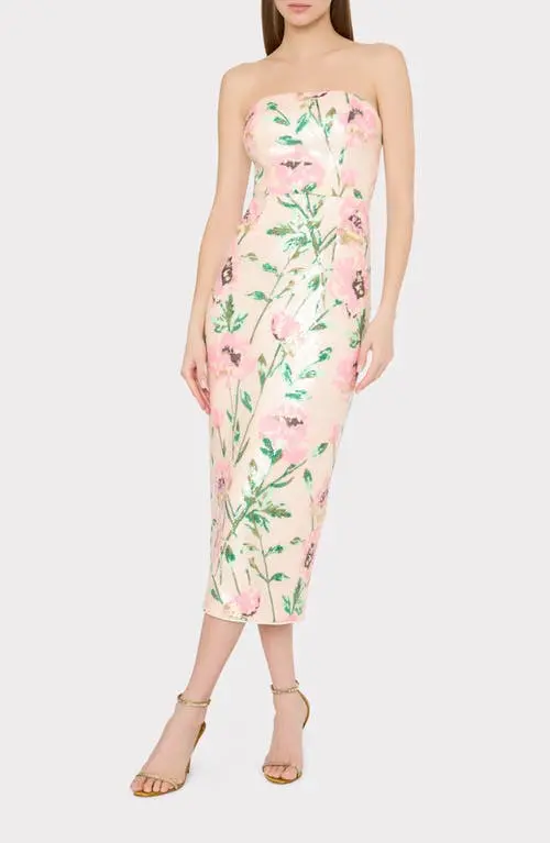 MILLY Kait Floral Sequin Strapless Midi Dress - White Multi
