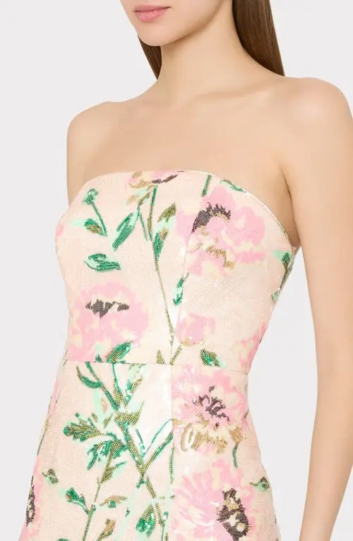 MILLY Kait Floral Sequin Strapless Midi Dress - White Multi