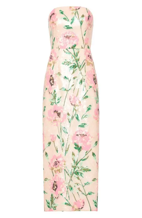 MILLY Kait Floral Sequin Strapless Midi Dress - White Multi