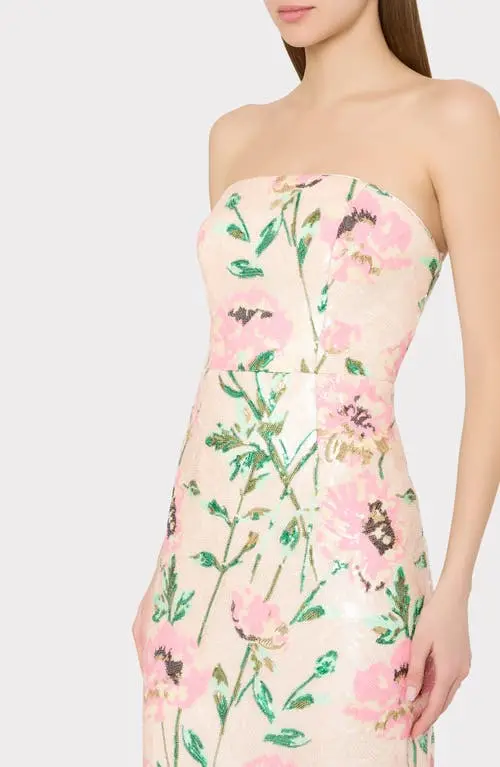 MILLY Kait Floral Sequin Strapless Midi Dress - White Multi