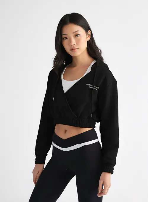 REVYVE ACTIVE Cropped V-neck Hoodie - Black