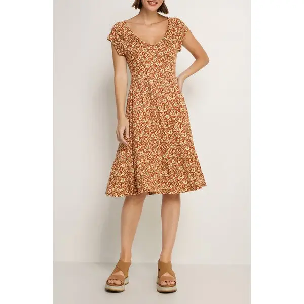 LASCANA V-neck Flounce Dress - Brown Multi