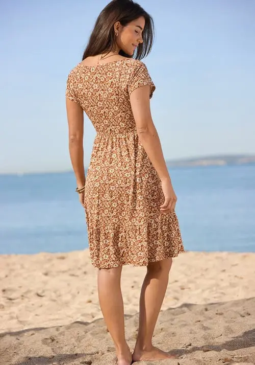 LASCANA V-neck Flounce Dress - Brown Multi