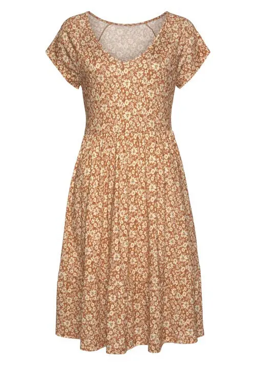 LASCANA V-neck Flounce Dress - Brown Multi