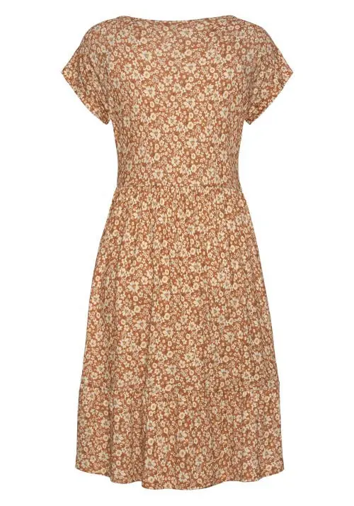 LASCANA V-neck Flounce Dress - Brown Multi