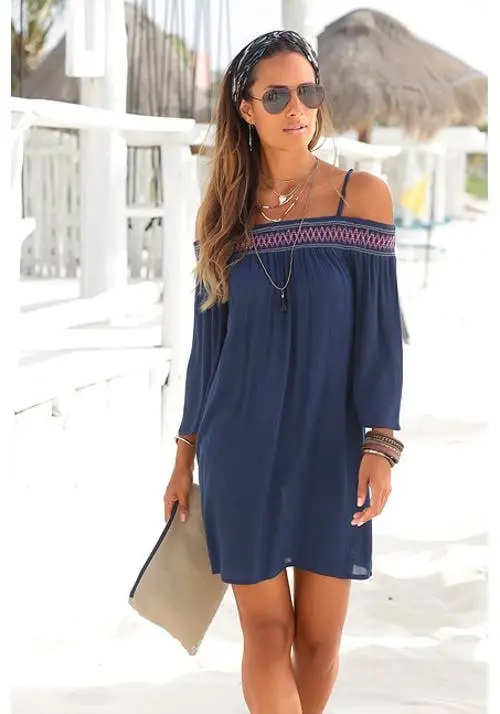 LASCANA Embroidered Cold Shoulder Dress