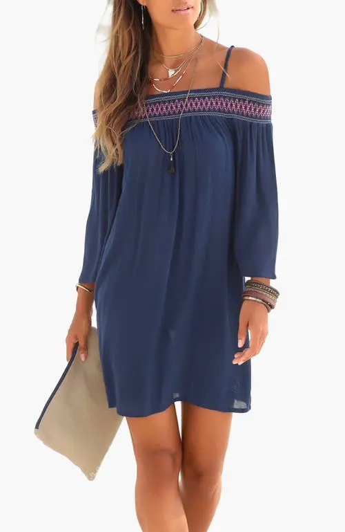 LASCANA Embroidered Cold Shoulder Dress - Navy