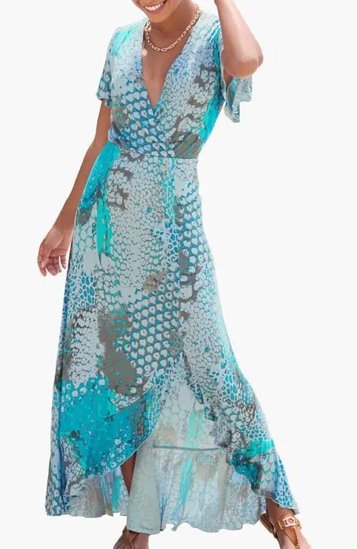 LASCANA Printed Side Slit Maxi Dress - Blue Multi