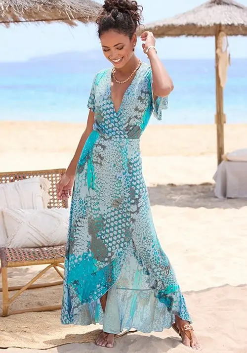 LASCANA Printed Side Slit Maxi Dress - Blue Multi