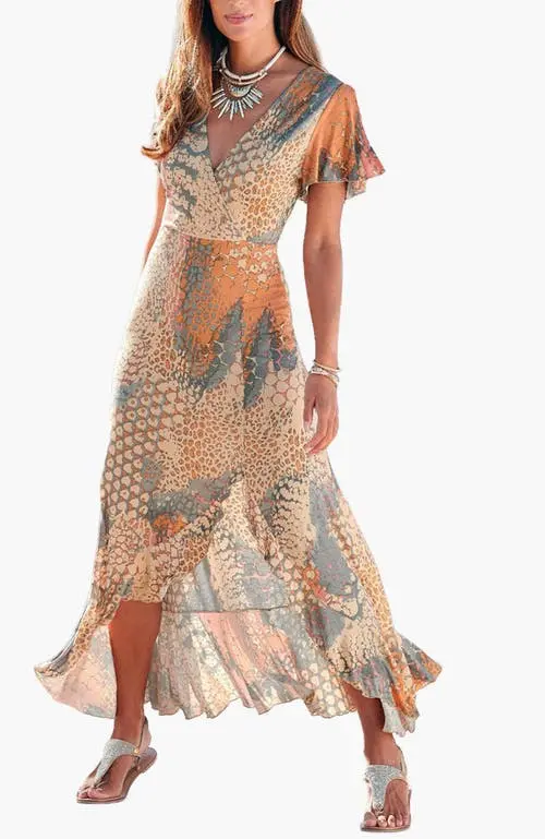 LASCANA Printed Side Slit Maxi Dress - Orange Multi