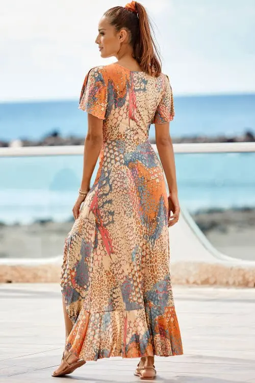 LASCANA Printed Side Slit Maxi Dress - Orange Multi