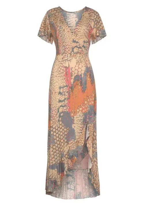LASCANA Printed Side Slit Maxi Dress - Orange Multi