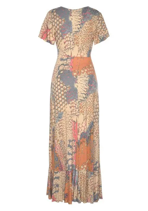 LASCANA Printed Side Slit Maxi Dress - Orange Multi