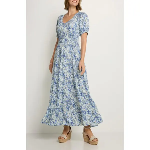 LASCANA Floral Puff Sleeve Maxi Dress - Navy Printed