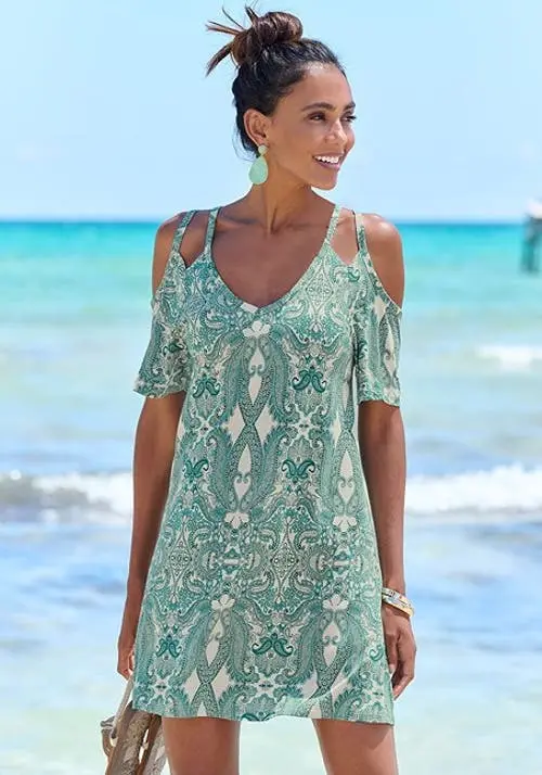LASCANA Cold Shoulder Knit Dress - Green Patterned