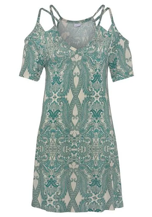 LASCANA Cold Shoulder Knit Dress - Green Patterned