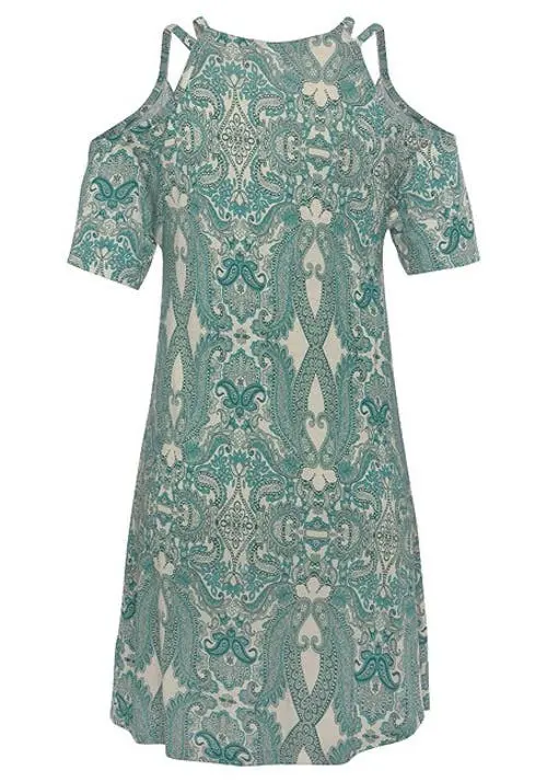 LASCANA Cold Shoulder Knit Dress - Green Patterned