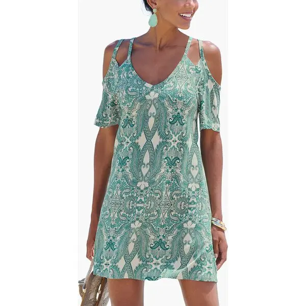 LASCANA Cold Shoulder Dress - Green Patterned