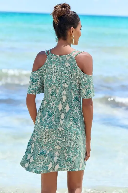 LASCANA Cold Shoulder Dress - Green Patterned