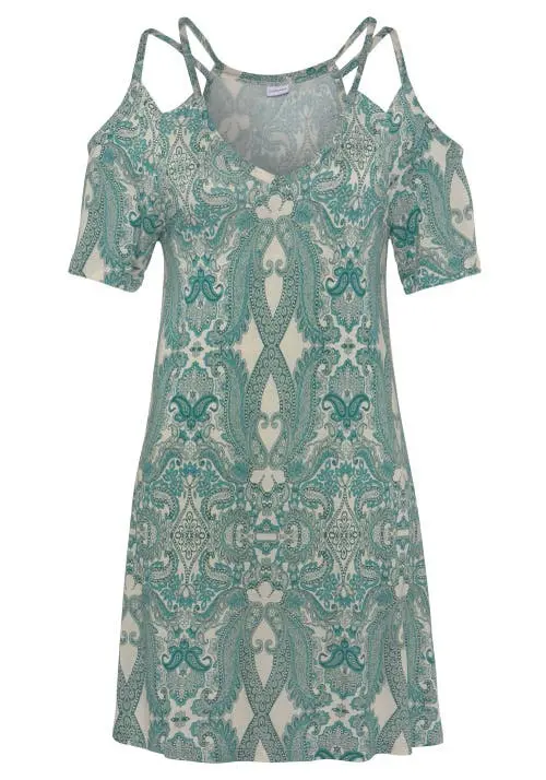 LASCANA Cold Shoulder Dress - Green Patterned
