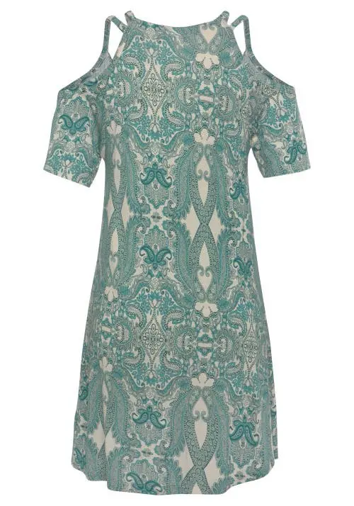 LASCANA Cold Shoulder Dress - Green Patterned
